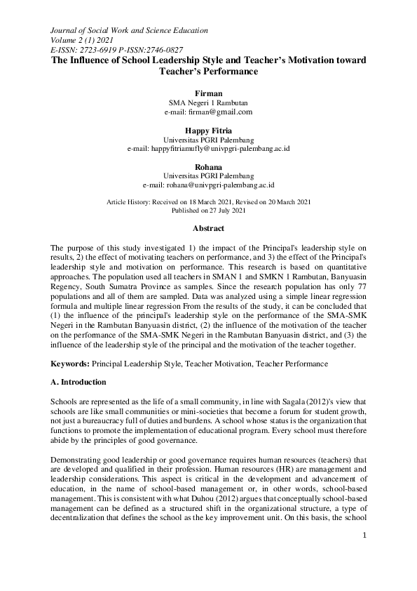 (PDF) The Influence of School Leadership Style and Teacher’s Motivation ...