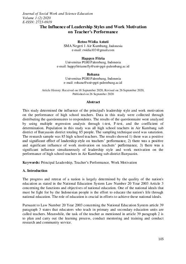 (PDF) The Influence of Leadership Styles and Work Motivation on Teacher ...