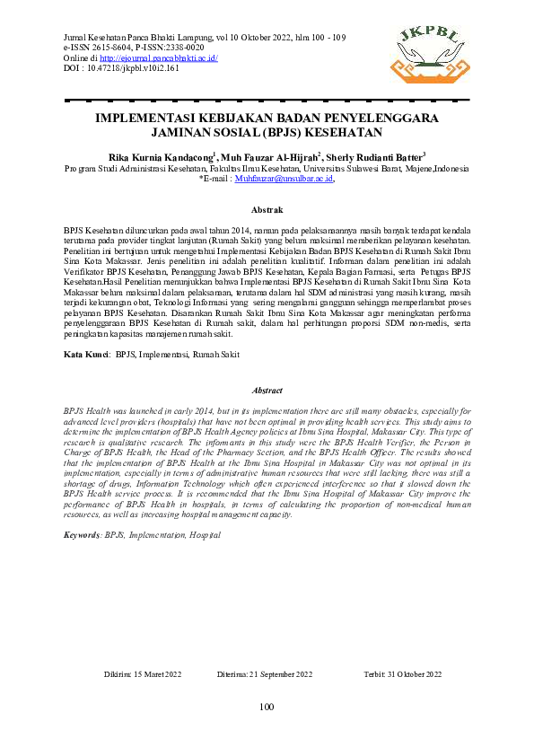 (PDF) Implementasi Kebijakan Badan Penyelenggara Jaminan Sosial (BPJS) Kesehatan