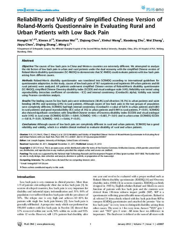 (PDF) Reliability and Validity of Simplified Chinese Version of Roland-Morris Questionnaire in ...