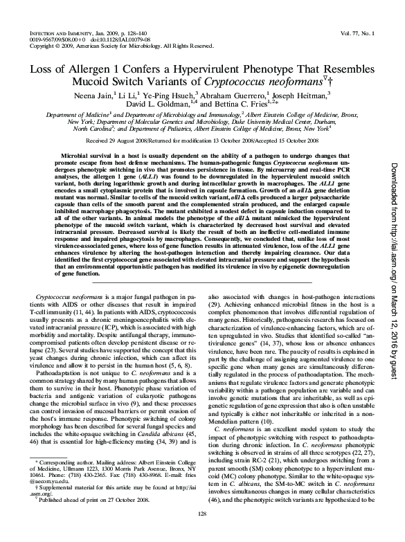 (PDF) Loss of Allergen 1 Confers a Hypervirulent Phenotype That ...