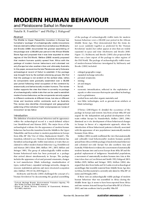 (PDF) Modern Human Behaviour and Pleistocene Sahul in Review