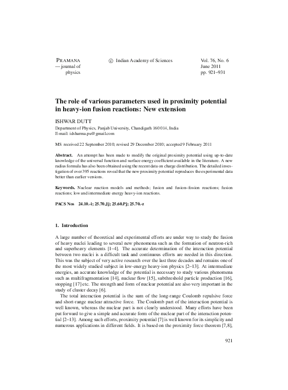 (PDF) The role of various parameters used in proximity potential in ...