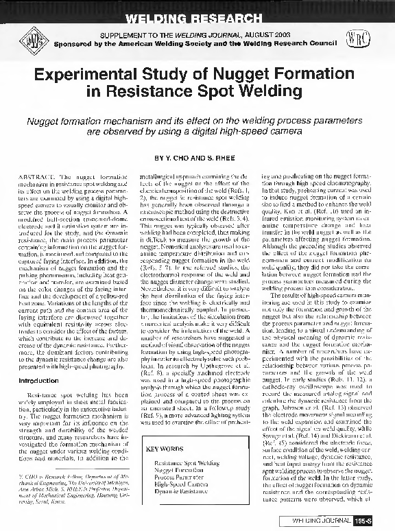 (PDF) Experimental study of nugget formation in resistance spot welding
