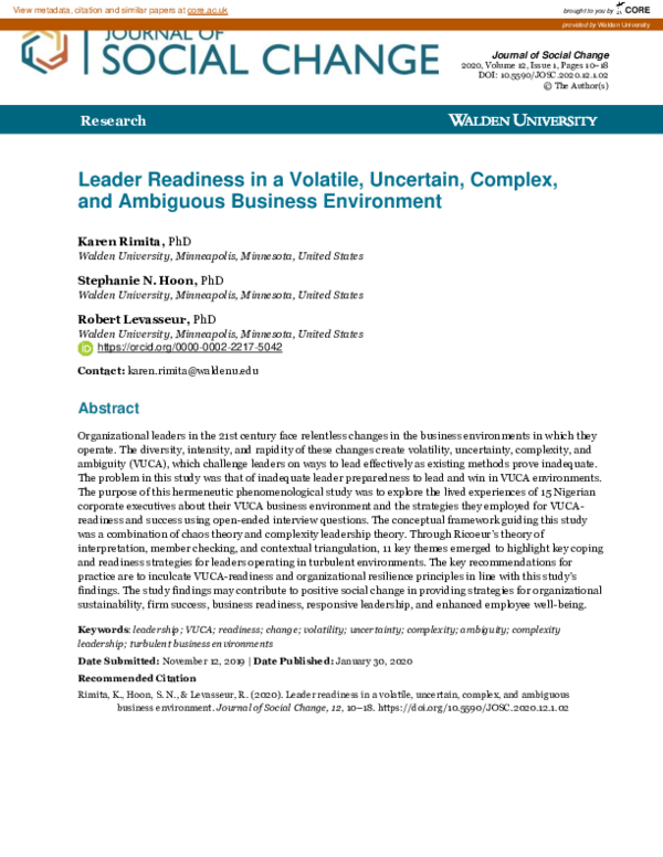 (PDF) Leader Readiness in a Volatile, Uncertain, Complex, and Ambiguous ...