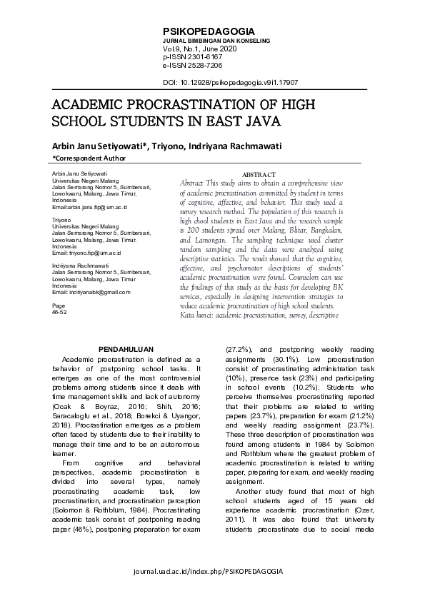 (PDF) Academic Procrastination of High School Students in East Java