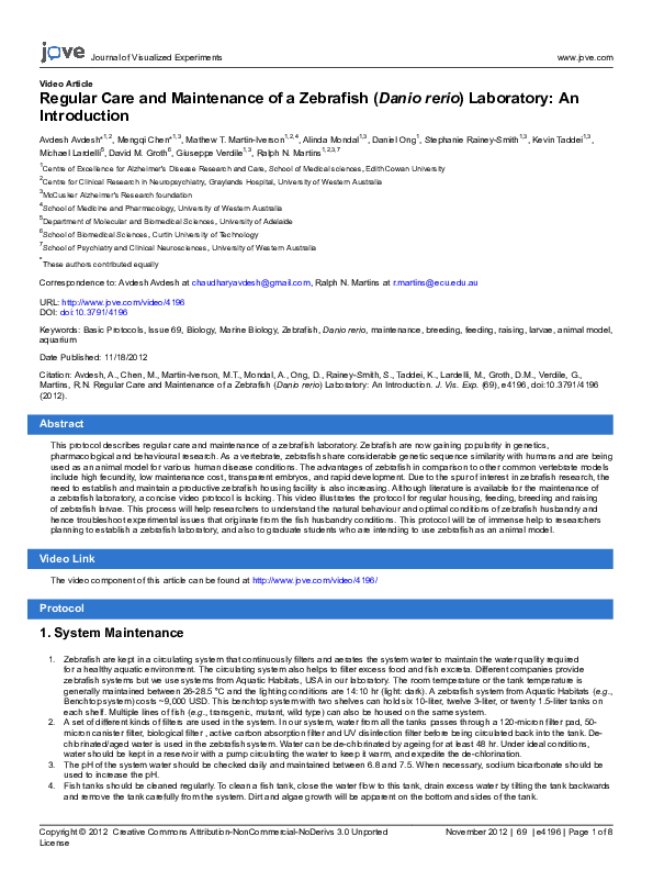 (PDF) Regular Care and Maintenance of a Zebrafish (Danio rerio ...