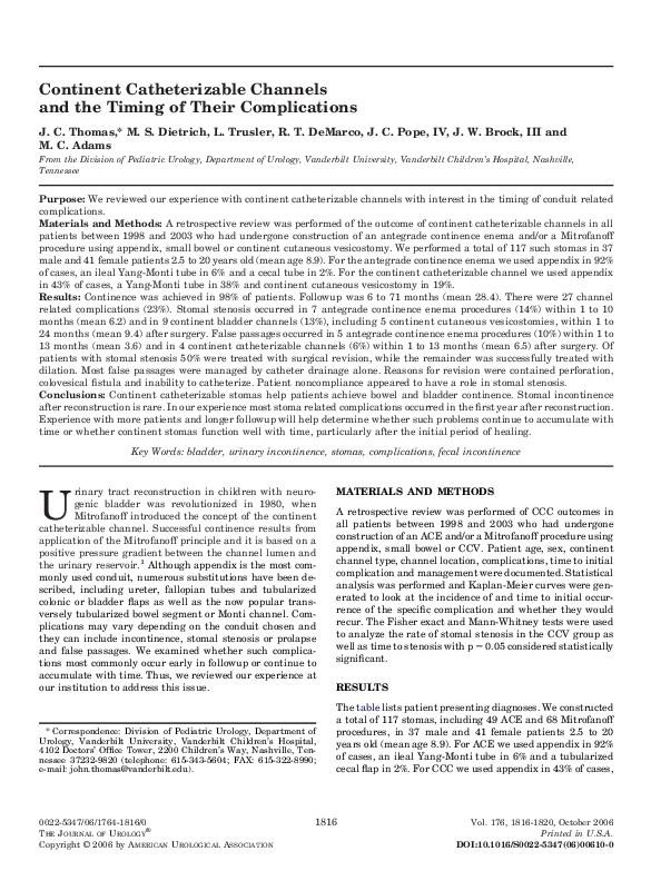 (PDF) Continent Catheterizable Channels and the Timing of Their ...