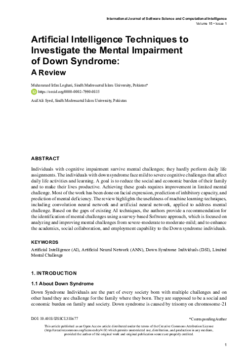 (PDF) Artificial Intelligence Techniques to improve cognitive traits of Down Syndrome Individuals