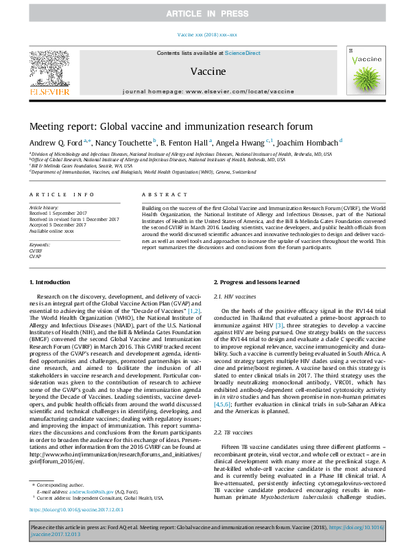 (PDF) Meeting report: Global vaccine and immunization research forum