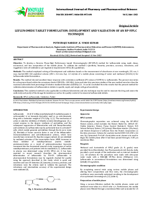 Pdf Leflunomide Tablet Formulation Development And Validation Of An Rp Hplc Technique