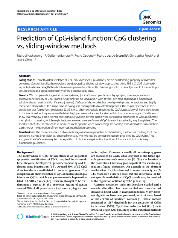 (PDF) Prediction of CpG-island function: CpG clustering vs. sliding-window methods
