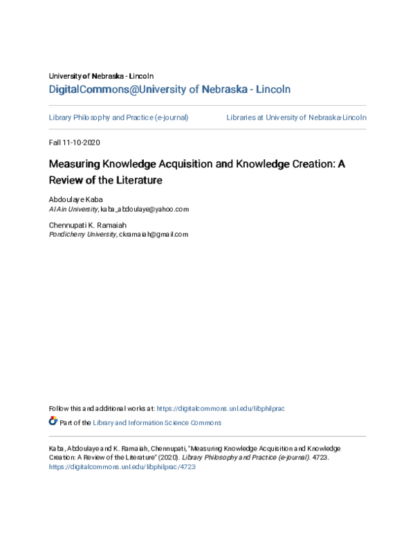 (PDF) Measuring Knowledge Acquisition and Knowledge Creation: A Review of the Literature
