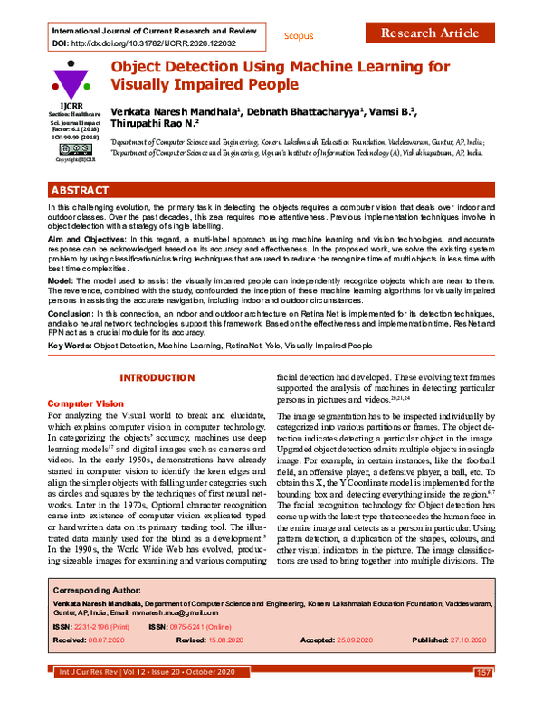 (PDF) Object Detection Using Machine Learning for Visually Impaired People