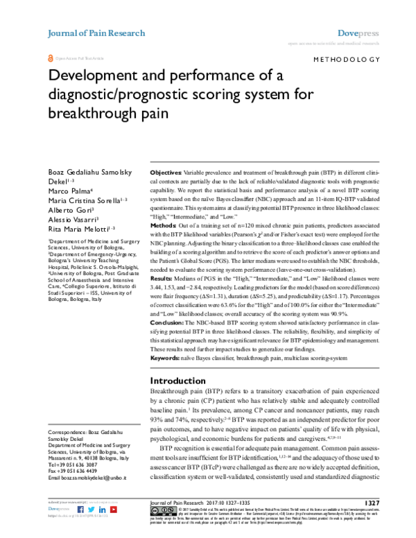 (PDF) Development and performance of a diagnostic/prognostic scoring system for breakthrough pain