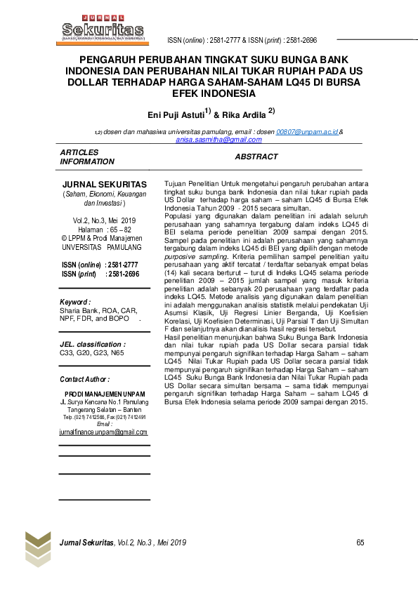 (PDF) Pengaruh Perubahan Tingkat Suku Bunga Bank Indonesia Dan Perubahan Nilai Tukar Rupiah Pada ...