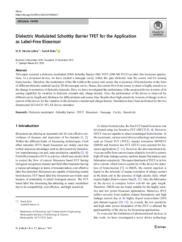 Pdf Dielectric Modulated Schottky Barrier Tfet For The Application As Label Free Biosensor