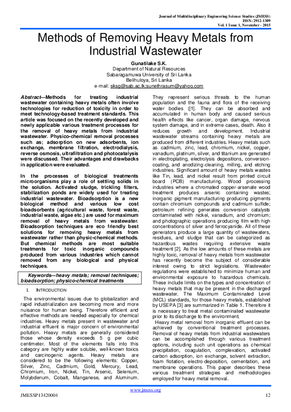 (PDF) Methods of Removing Heavy Metals from Industrial Wastewater