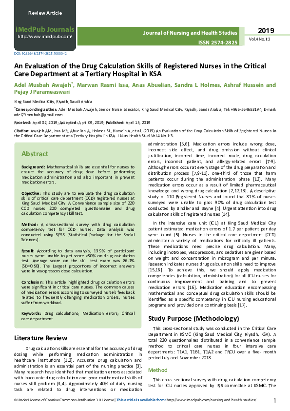 (PDF) An evaluation of the drug calculation skills of registered nurses