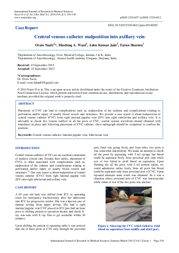 (PDF) Central venous catheter malposition into axillary vein