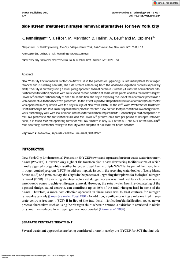 (PDF) Side stream treatment nitrogen removal: alternatives for New York ...