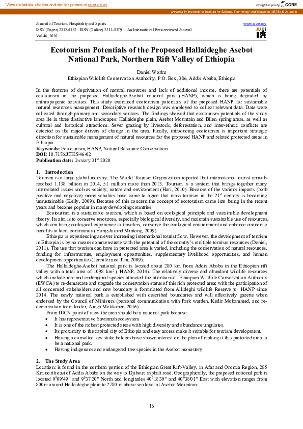 (PDF) Ecotourism Potentials of the Proposed Hallaideghe Asebot National ...