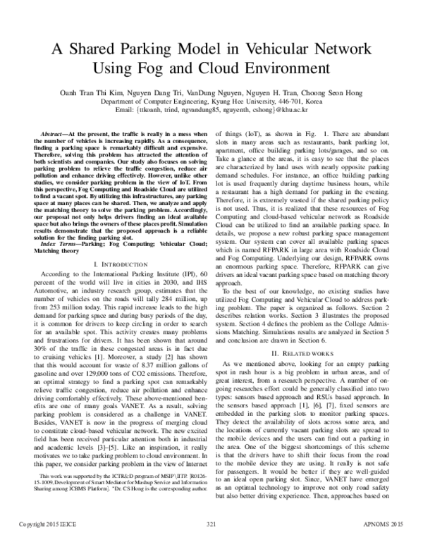 (PDF) A shared parking model in vehicular network using fog and cloud environment