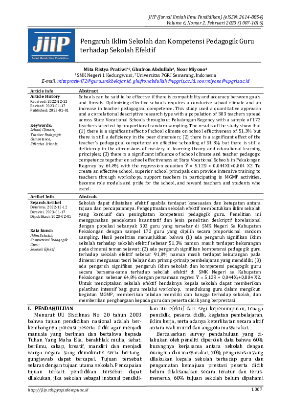 (PDF) Pengaruh Iklim Sekolah dan Kompetensi Pedagogik Guru terhadap Sekolah Efektif