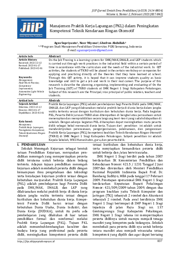 (PDF) Manajemen Praktik Kerja Lapangan (PKL) dalam Peningkatan ...