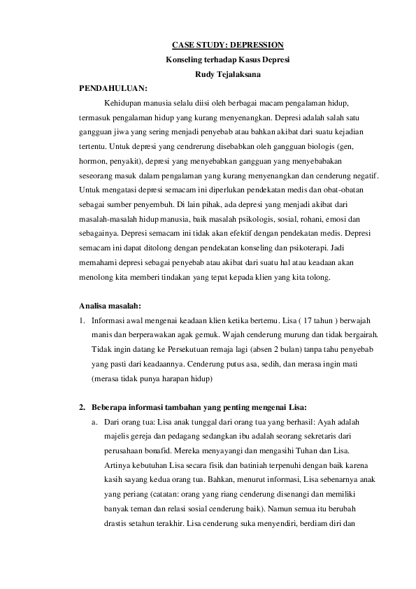 (PDF) CASE STUDY: DEPRESSION Konseling terhadap Kasus Depresi