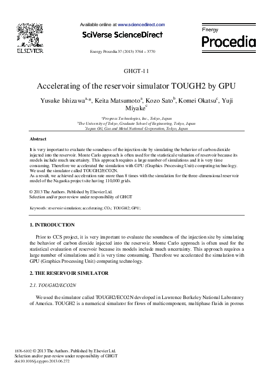 (PDF) Accelerating of the Reservoir Simulator TOUGH2 by GPU