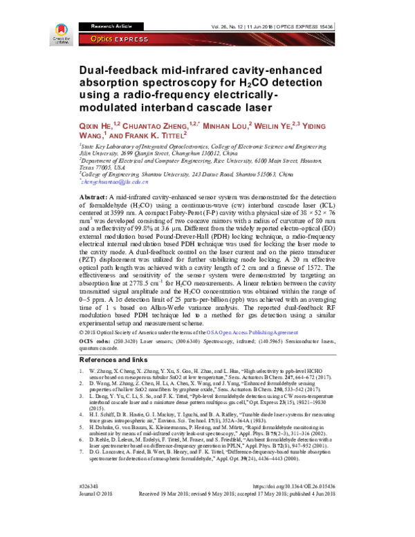 (PDF) Dual-feedback mid-infrared cavity-enhanced absorption spectroscopy for H2CO detection ...