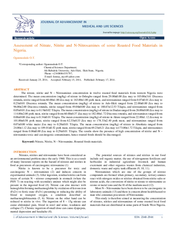 (PDF) Assessment Of Nitrate, Nitrite And N-Nitrosamines Of Some Roasted ...