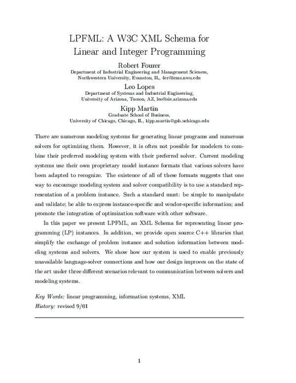 (PDF) LPFML: A W3C XML Schema for Linear and Integer Programming