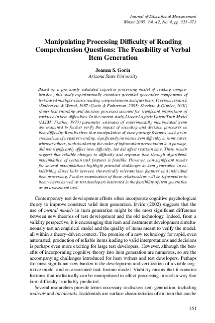 (PDF) Manipulating Processing Difficulty of Reading Comprehension Questions: The Feasibility of ...