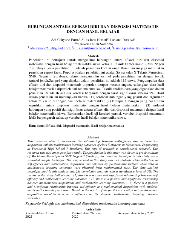 (PDF) Hubungan Antara Efikasi Diri Dan Disposisi Matematis Dengan Hasil Belajar
