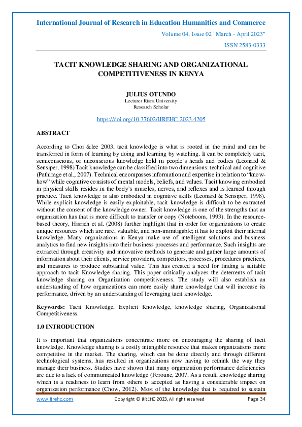 (PDF) Tacit Knowledge Sharing and Organizational Competitiveness in Kenya