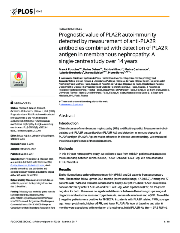 (PDF) Prognostic value of PLA2R autoimmunity detected by measurement of ...