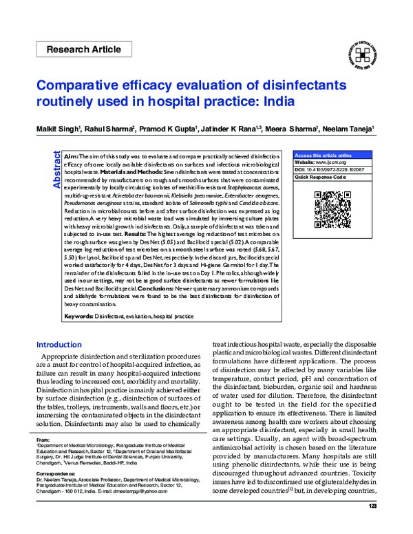 (PDF) Comparative efficacy evaluation of disinfectants routinely used ...