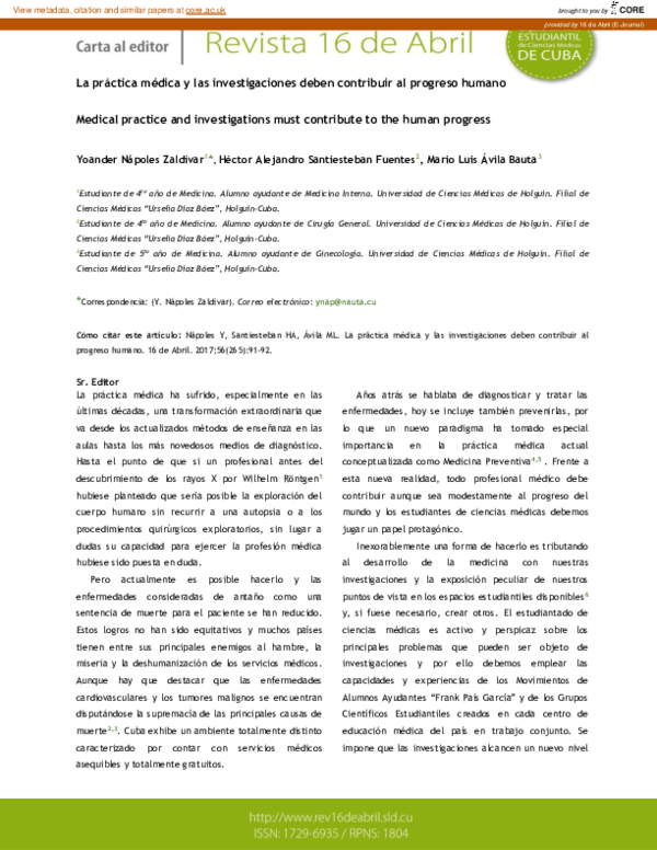 (PDF) La práctica médica y las investigaciones deben contribuir al progreso humano