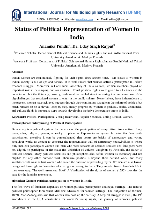 (PDF) Status of Political Representation of Women in India