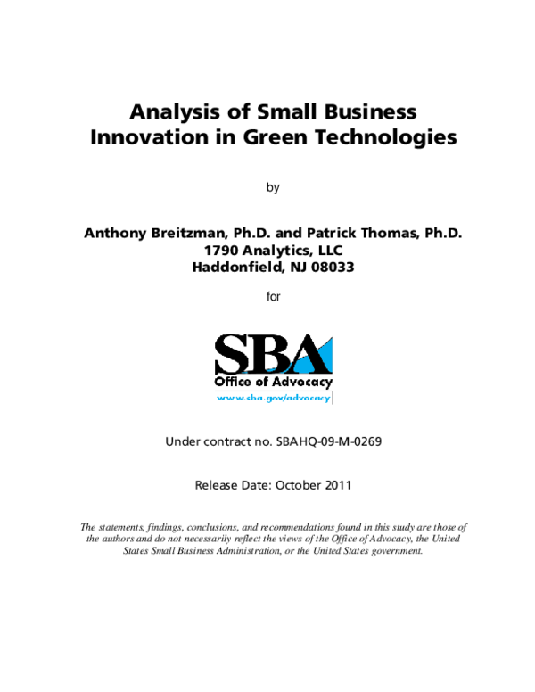 (PDF) Analysis of Small Business Innovation in Green Technologies
