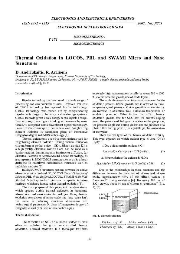 (PDF) Thermal Oxidation in LOCOS, PBL, and SWAMI Micro and nano Structures