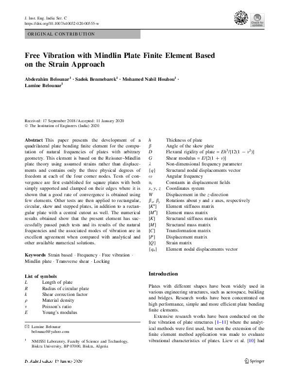 Pdf Free Vibration With Mindlin Plate Finite Element Based On The Strain Approach
