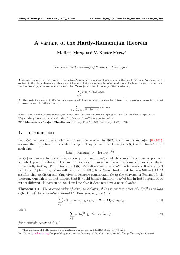 (PDF) A variant of the Hardy-Ramanujan theorem | Ram Murty - Academia.edu
