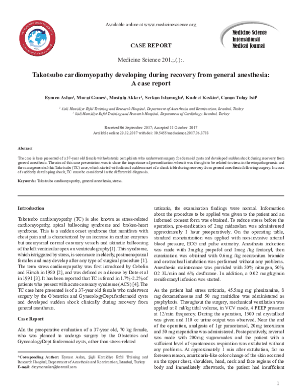 (PDF) Takotsubo cardiomyopathy developing during recovery from general anesthesia: A case report