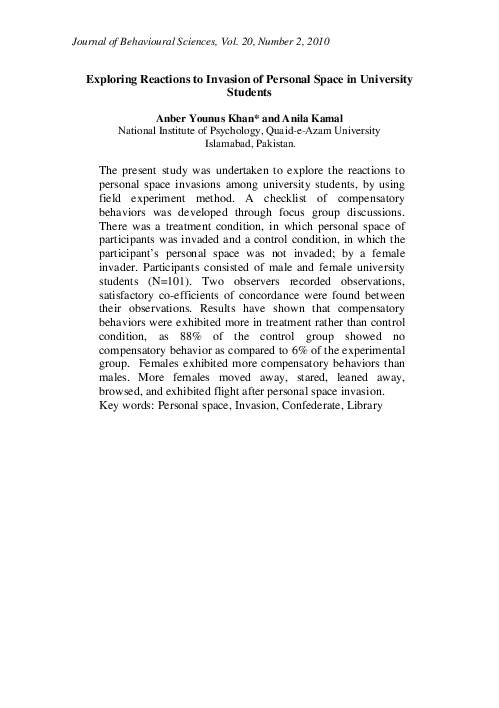 (PDF) Exploring Reactions to Invasion of Personal Space in University ...