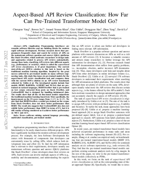 (PDF) Aspect-Based API Review Classification: How Far Can Pre-Trained Transformer Model Go?