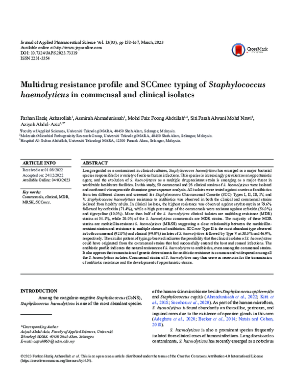 (PDF) Multidrug resistance profile and SCCmec typing of Staphylococcus ...