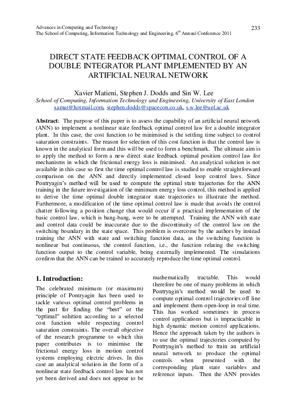 (PDF) Direct state feedback optimal control of a double integrator plant implemented by an ...
